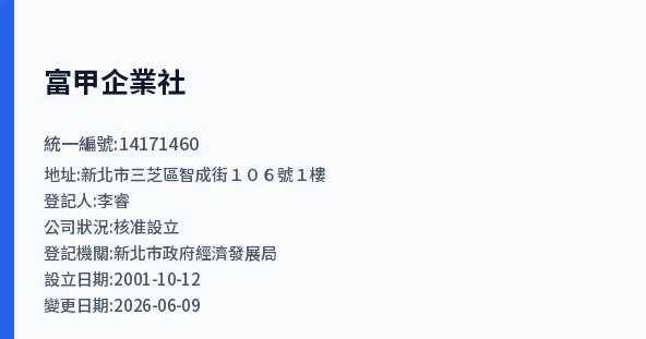 富甲企業社的照片-統編 14171460(新北市) 公司登記資料與營業項目詳細圖表