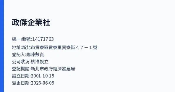 政傑企業社的照片-統編 14171763(新北市) 公司登記資料與營業項目詳細圖表