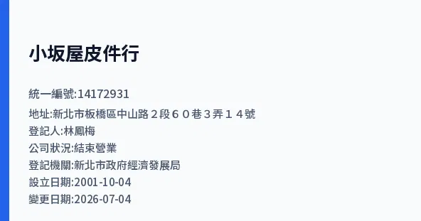 小坂屋皮件行的照片-統編 14172931(新北市) 公司登記資料與營業項目詳細圖表