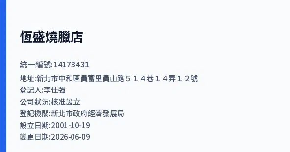 恆盛燒臘店的照片-統編 14173431(新北市) 公司登記資料與營業項目詳細圖表