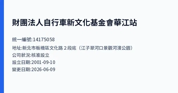 財團法人自行車新文化基金會華江站的照片-統編 14175058(新北市) 公司登記資料與營業項目詳細圖表