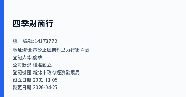 四季財商行的照片-統編 14178772(新北市) 公司登記資料與營業項目詳細圖表