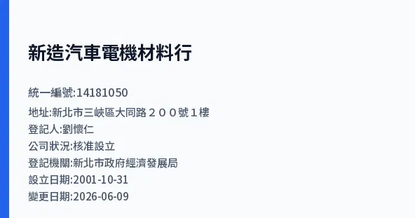 新造汽車電機材料行的照片-統編 14181050(新北市) 公司登記資料與營業項目詳細圖表