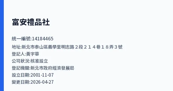 富安禮品社的照片-統編 14184465(新北市) 公司登記資料與營業項目詳細圖表