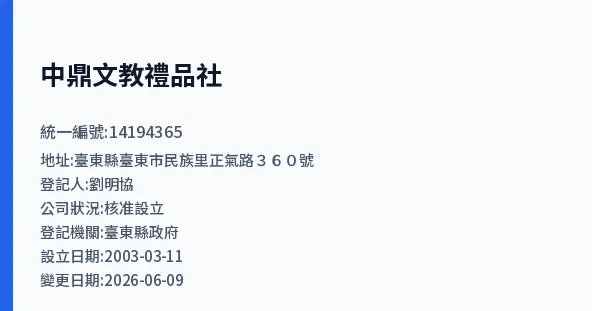 中鼎文教禮品社的照片-統編 14194365(臺東縣) 公司登記資料與營業項目詳細圖表