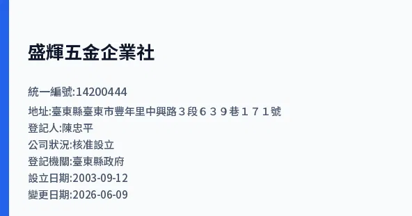 盛輝五金企業社的照片-統編 14200444(臺東縣) 公司登記資料與營業項目詳細圖表