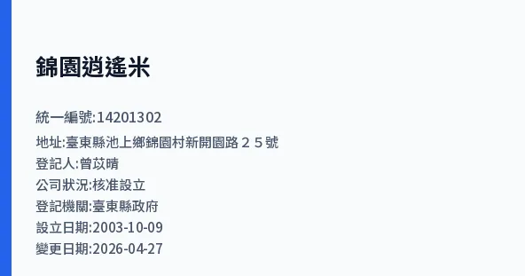 錦園逍遙米的照片-統編 14201302(臺東縣) 公司登記資料與營業項目詳細圖表
