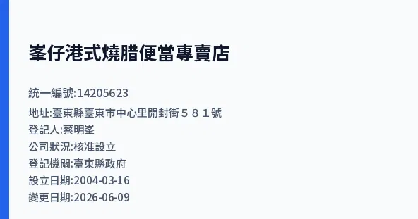 峯仔港式燒腊便當專賣店的照片-統編 14205623(臺東縣) 公司登記資料與營業項目詳細圖表