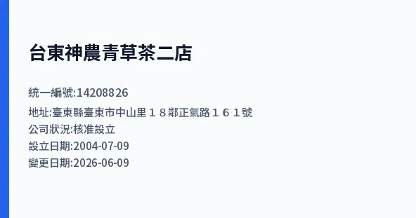 台東神農青草茶二店的照片-統編 14208826(臺東縣) 公司登記資料與營業項目詳細圖表