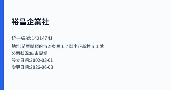 裕昌企業社的照片-統編 14214741(苗栗縣) 公司登記資料與營業項目詳細圖表