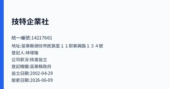技特企業社的照片-統編 14217661(苗栗縣) 公司登記資料與營業項目詳細圖表