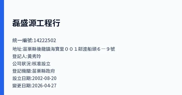 磊盛源工程行的照片-統編 14222502(苗栗縣) 公司登記資料與營業項目詳細圖表