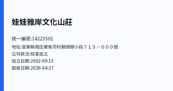 娃娃雅岸文化山莊的照片-統編 14223501(苗栗縣) 公司登記資料與營業項目詳細圖表