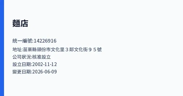 麵店的照片-統編 14226916(苗栗縣) 公司登記資料與營業項目詳細圖表
