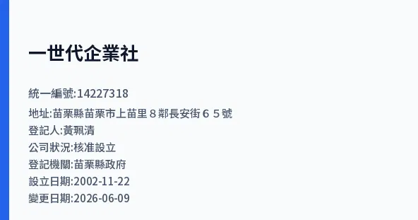 一世代企業社的照片-統編 14227318(苗栗縣) 公司登記資料與營業項目詳細圖表