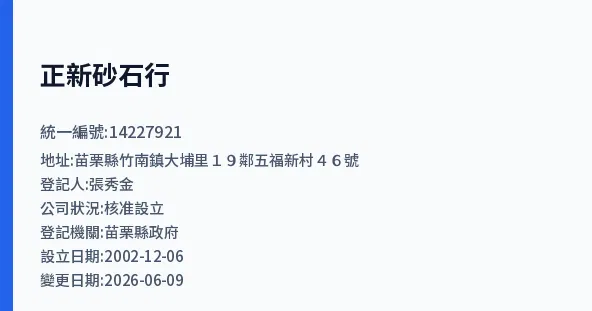 正新砂石行的照片-統編 14227921(苗栗縣) 公司登記資料與營業項目詳細圖表