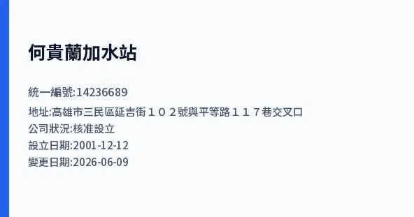 何貴蘭加水站的照片-統編 14236689(高雄市) 公司登記資料與營業項目詳細圖表