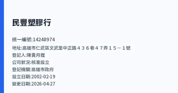 民豐塑膠行的照片-統編 14248974(高雄市) 公司登記資料與營業項目詳細圖表