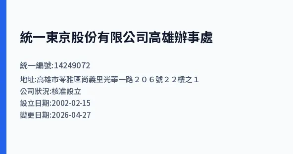 統一東京股份有限公司高雄辦事處的照片-統編 14249072(高雄市) 公司登記資料與營業項目詳細圖表