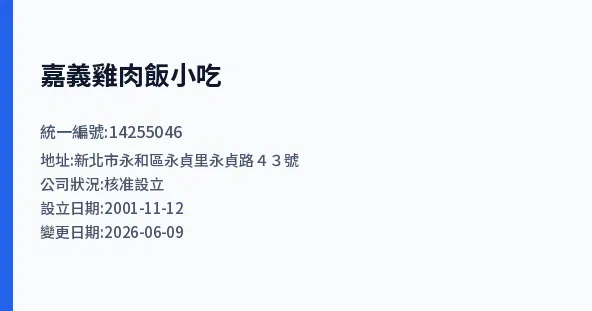 嘉義雞肉飯小吃的照片-統編 14255046(新北市) 公司登記資料與營業項目詳細圖表