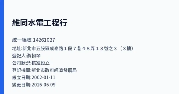維同水電工程行的照片-統編 14261027(新北市) 公司登記資料與營業項目詳細圖表