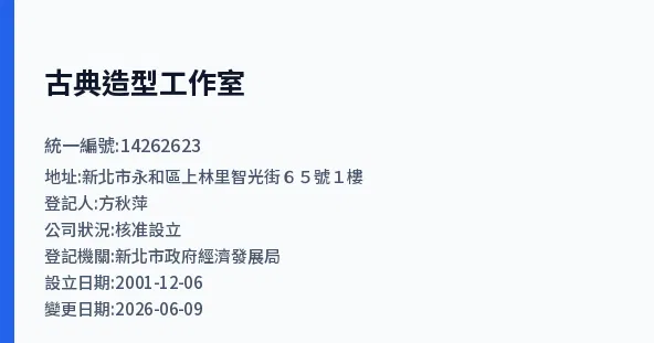 古典造型工作室的照片-統編 14262623(新北市) 公司登記資料與營業項目詳細圖表