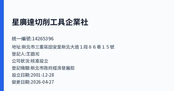 星廣達切削工具企業社的照片-統編 14265396(新北市) 公司登記資料與營業項目詳細圖表