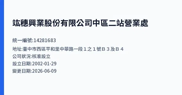 竑穗興業股份有限公司中區二站營業處的照片-統編 14281683(臺中市) 公司登記資料與營業項目詳細圖表
