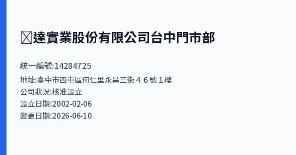崓達實業股份有限公司台中門市部的照片-統編 14284725(臺中市) 公司登記資料與營業項目詳細圖表