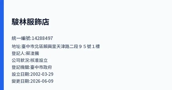 駿林服飾店的照片-統編 14288497(臺中市) 公司登記資料與營業項目詳細圖表