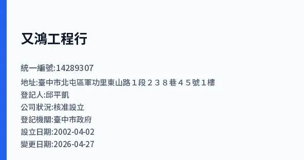 又鴻工程行的照片-統編 14289307(臺中市) 公司登記資料與營業項目詳細圖表