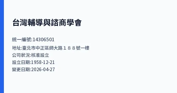 台灣輔導與諮商學會的照片-統編 14306501(臺北市) 公司登記資料與營業項目詳細圖表