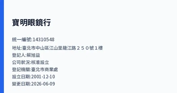 寶明眼鏡行的照片-統編 14310548(臺北市) 公司登記資料與營業項目詳細圖表
