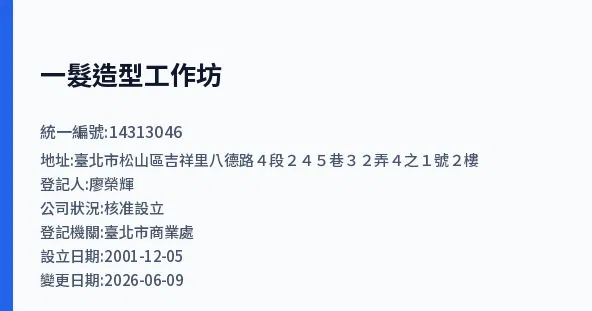 一髮造型工作坊的照片-統編 14313046(臺北市) 公司登記資料與營業項目詳細圖表