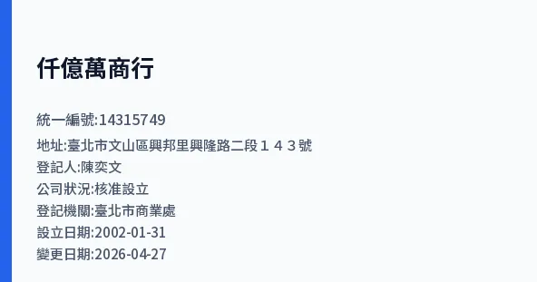 仟億萬商行的照片-統編 14315749(臺北市) 公司登記資料與營業項目詳細圖表