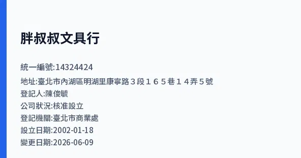 胖叔叔文具行的照片-統編 14324424(臺北市) 公司登記資料與營業項目詳細圖表