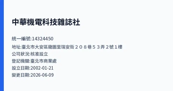 中華機電科技雜誌社的照片-統編 14324450(臺北市) 公司登記資料與營業項目詳細圖表