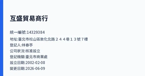 互盛貿易商行的照片-統編 14329384(臺北市) 公司登記資料與營業項目詳細圖表