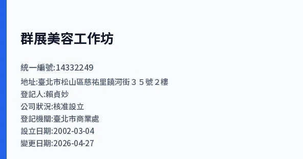 群展美容工作坊的照片-統編 14332249(臺北市) 公司登記資料與營業項目詳細圖表