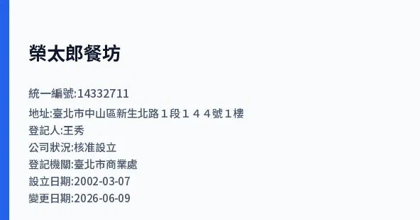 榮太郎餐坊的照片-統編 14332711(臺北市) 公司登記資料與營業項目詳細圖表