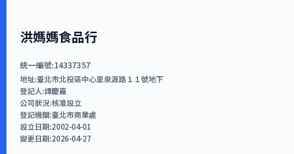 洪媽媽食品行的照片-統編 14337357(臺北市) 公司登記資料與營業項目詳細圖表