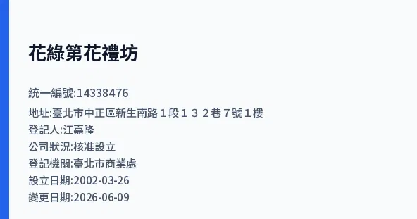 花綠第花禮坊的照片-統編 14338476(臺北市) 公司登記資料與營業項目詳細圖表