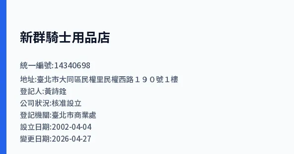 新群騎士用品店的照片-統編 14340698(臺北市) 公司登記資料與營業項目詳細圖表