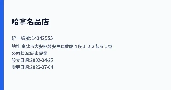 哈拿名品店的照片-統編 14342555(臺北市) 公司登記資料與營業項目詳細圖表