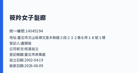 筱羚女子髮廊的照片-統編 14345194(臺北市) 公司登記資料與營業項目詳細圖表
