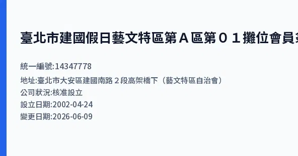 臺北市建國假日藝文特區第A區第01攤位會員翁素平的照片-統編 14347778(臺北市) 公司登記資料與營業項目詳細圖表