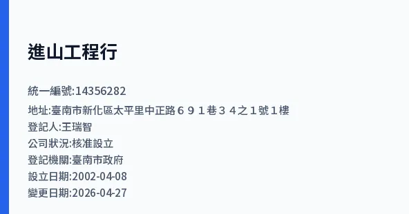 進山工程行的照片-統編 14356282(臺南市) 公司登記資料與營業項目詳細圖表