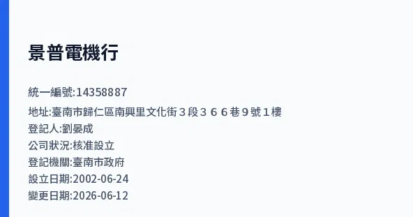 景普電機行的照片-統編 14358887(臺南市) 公司登記資料與營業項目詳細圖表