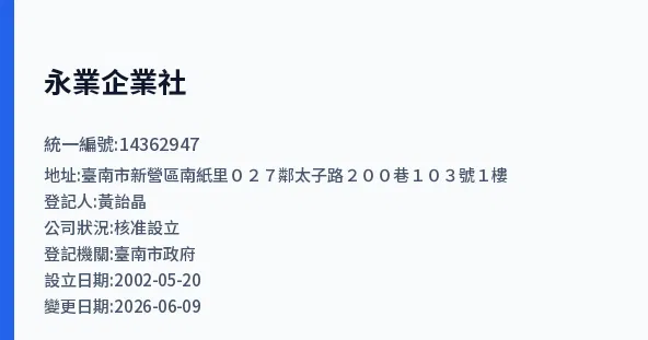 永業企業社的照片-統編 14362947(臺南市) 公司登記資料與營業項目詳細圖表