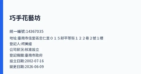 巧手花藝坊的照片-統編 14367035(臺南市) 公司登記資料與營業項目詳細圖表